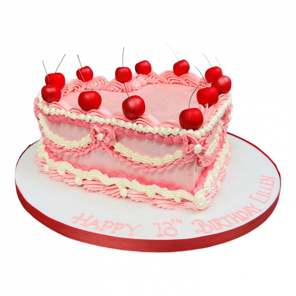 Pink Heart Ruffle Cake with Cherries (Feeds 20)